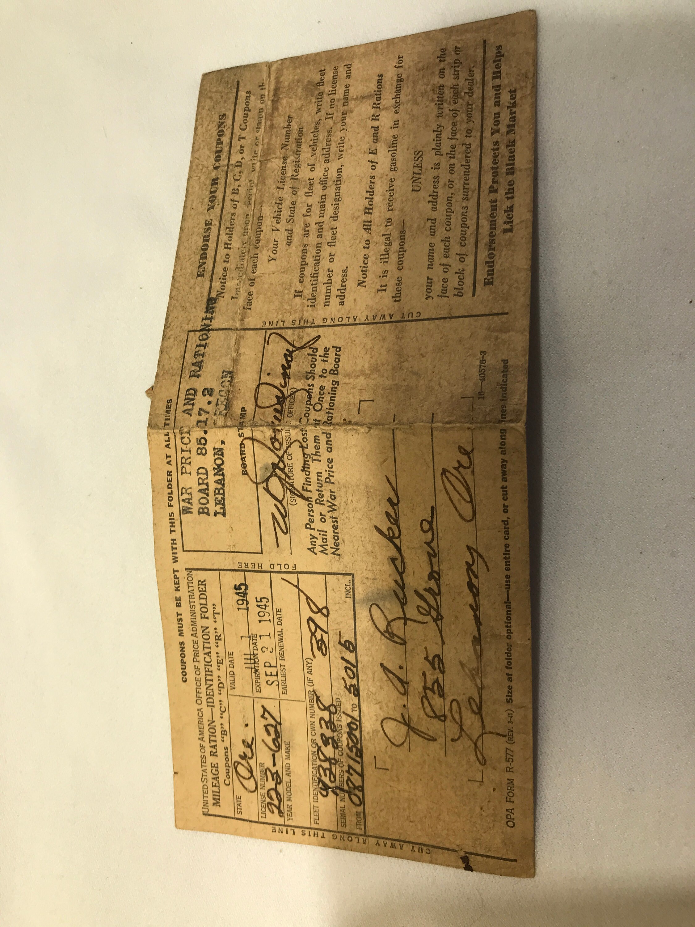 Mileage ration card from 1945 WW2 gas ration card antique | Etsy