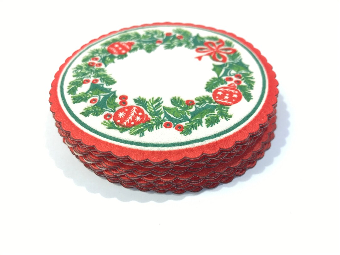 Vintage Christmas Wreath Paper Coaster Set, 12 Vintage Coasters, Paper ...