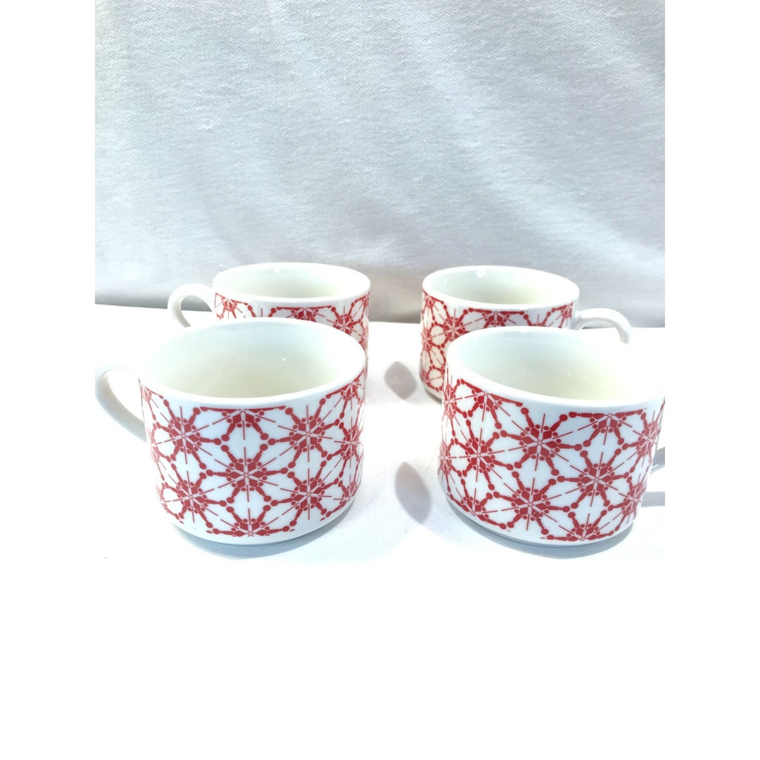 Avon Ceramic Cup Set, Red White Snowflake Pattern, Set of 4 Coffee Mugs ...