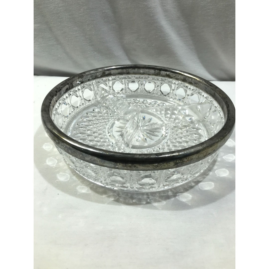 Glass Divided Condiment Glass Dish, Candy or Trinket Dish, Silverplate ...