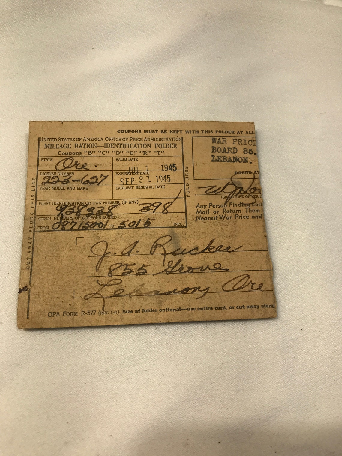 Mileage ration card from 1945 WW2 gas ration card antique | Etsy