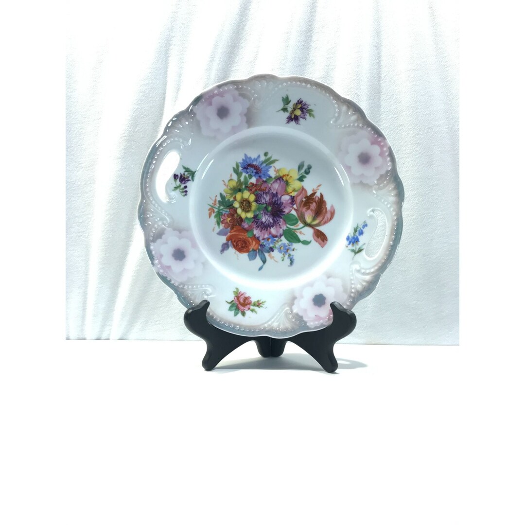 German Round Porcelain Lusterware Plate, Luster Edges Floral Bouquet ...