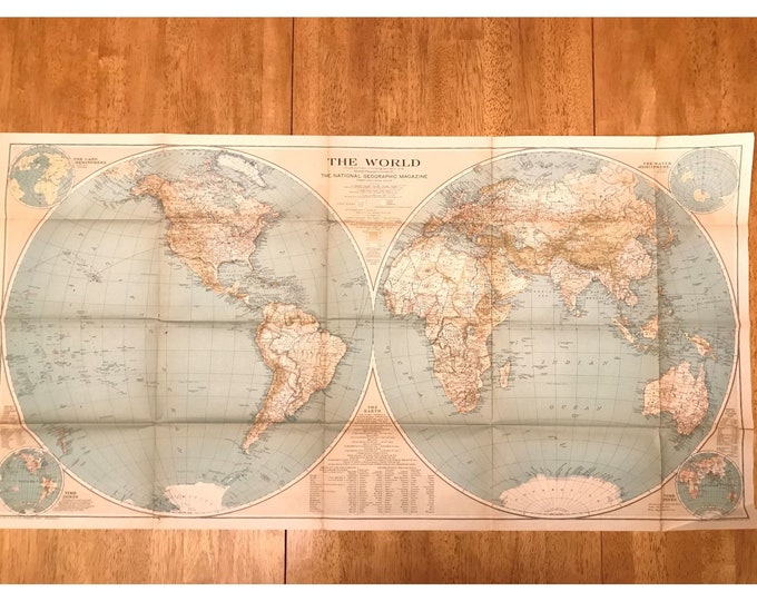 1935 National Geographic World Map Earth Map, Hemisphere Map, 44 X 23 ...