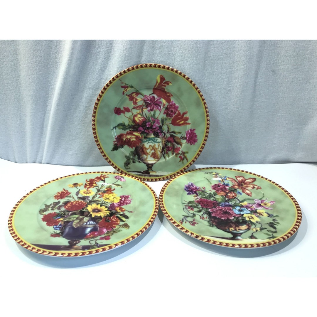 I. Godinger 1855 Email De Limoges Decore L Marino 3 Plates, Floral ...