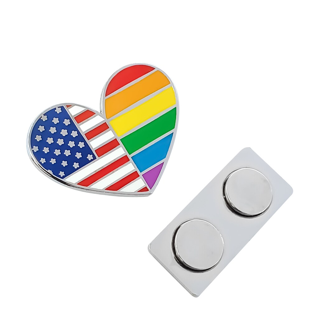 Heart American Rainbow Pride Flag LGBTQ Enamel Lapel Pin With Magnetic ...
