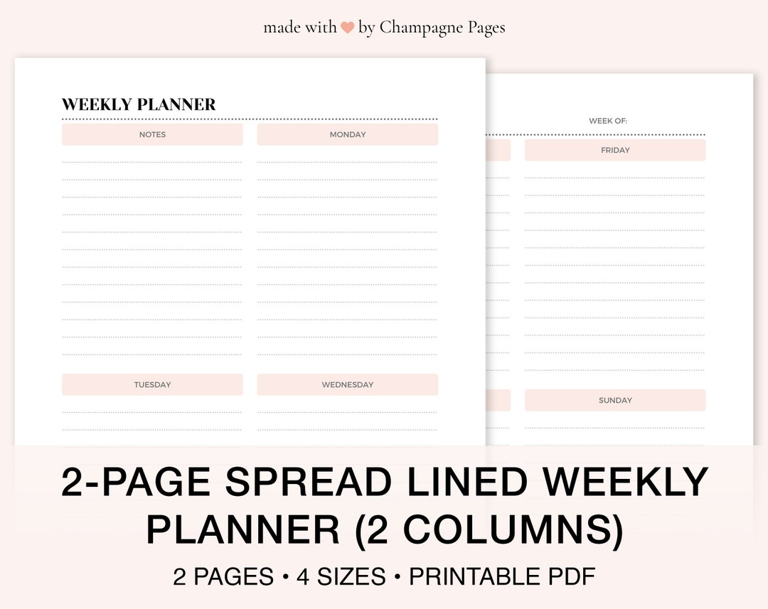 2 Page Spread Lined Weekly Planner (2 Columns) Weekly-daily Agenda ...