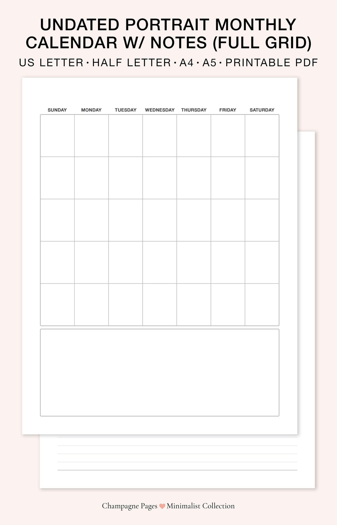Portrait Blank Monthly Calendar With Notes (full Grid Layout), Desk ...