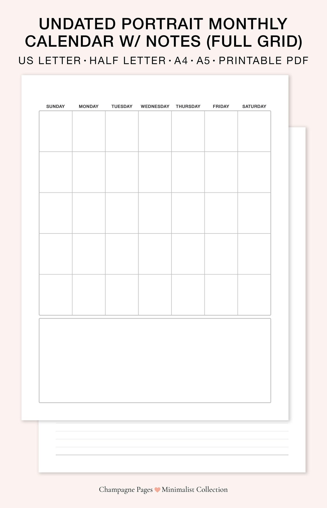 Portrait Blank Monthly Calendar With Notes (full Grid Layout), Desk ...