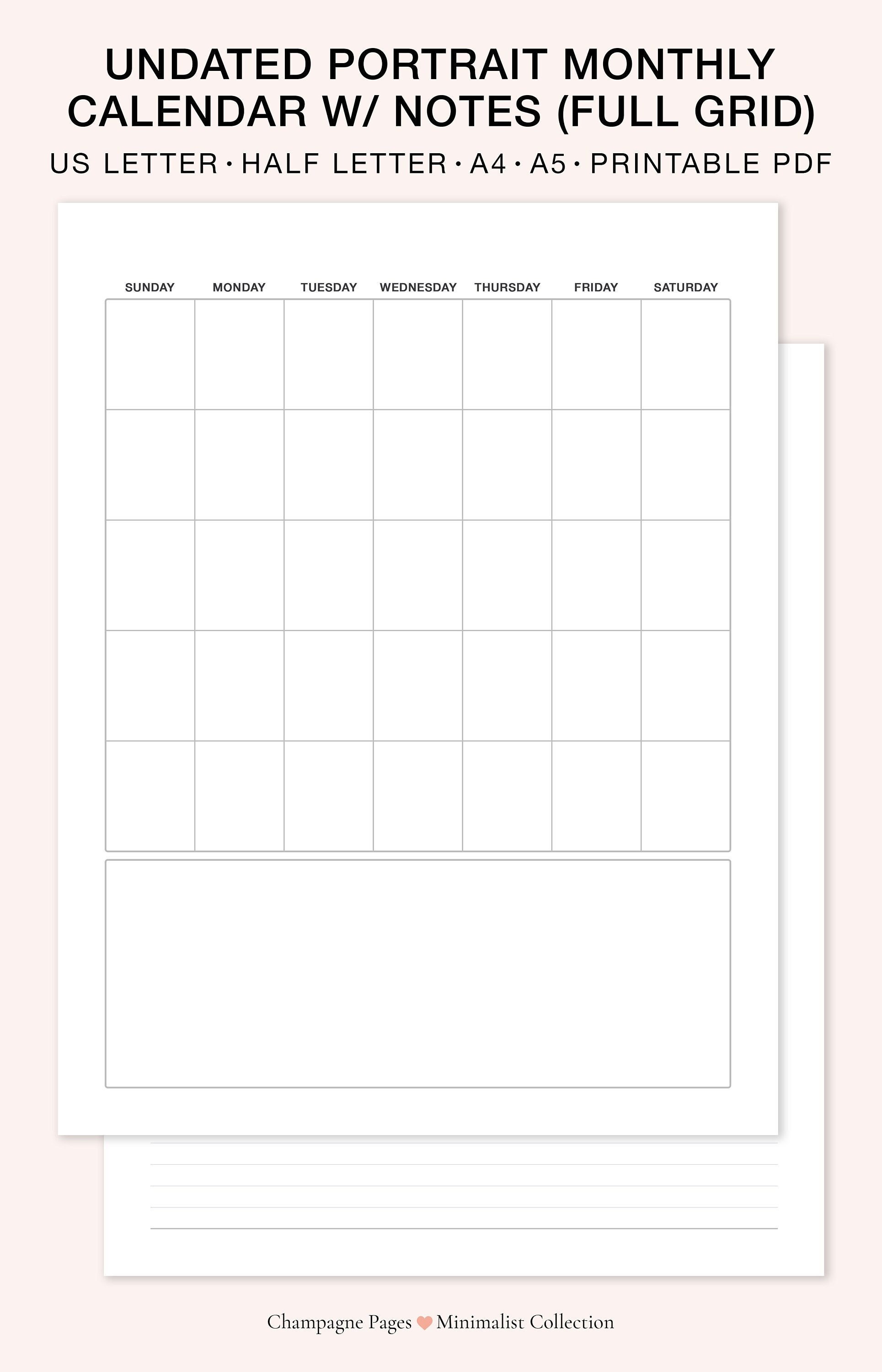 Portrait Blank Monthly Calendar With Notes (full Grid Layout), Desk ...