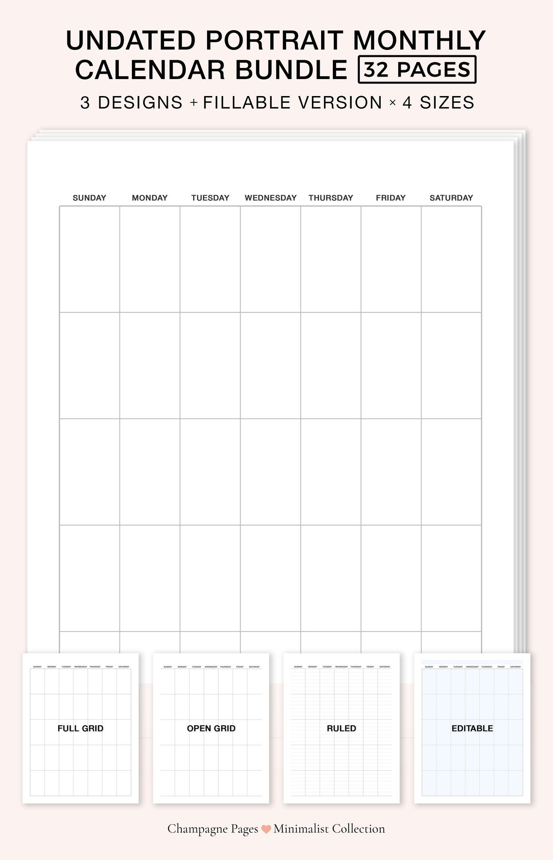 Minimalist Calendar Printable Bundle, Monthly Calendar PDF, Editable ...
