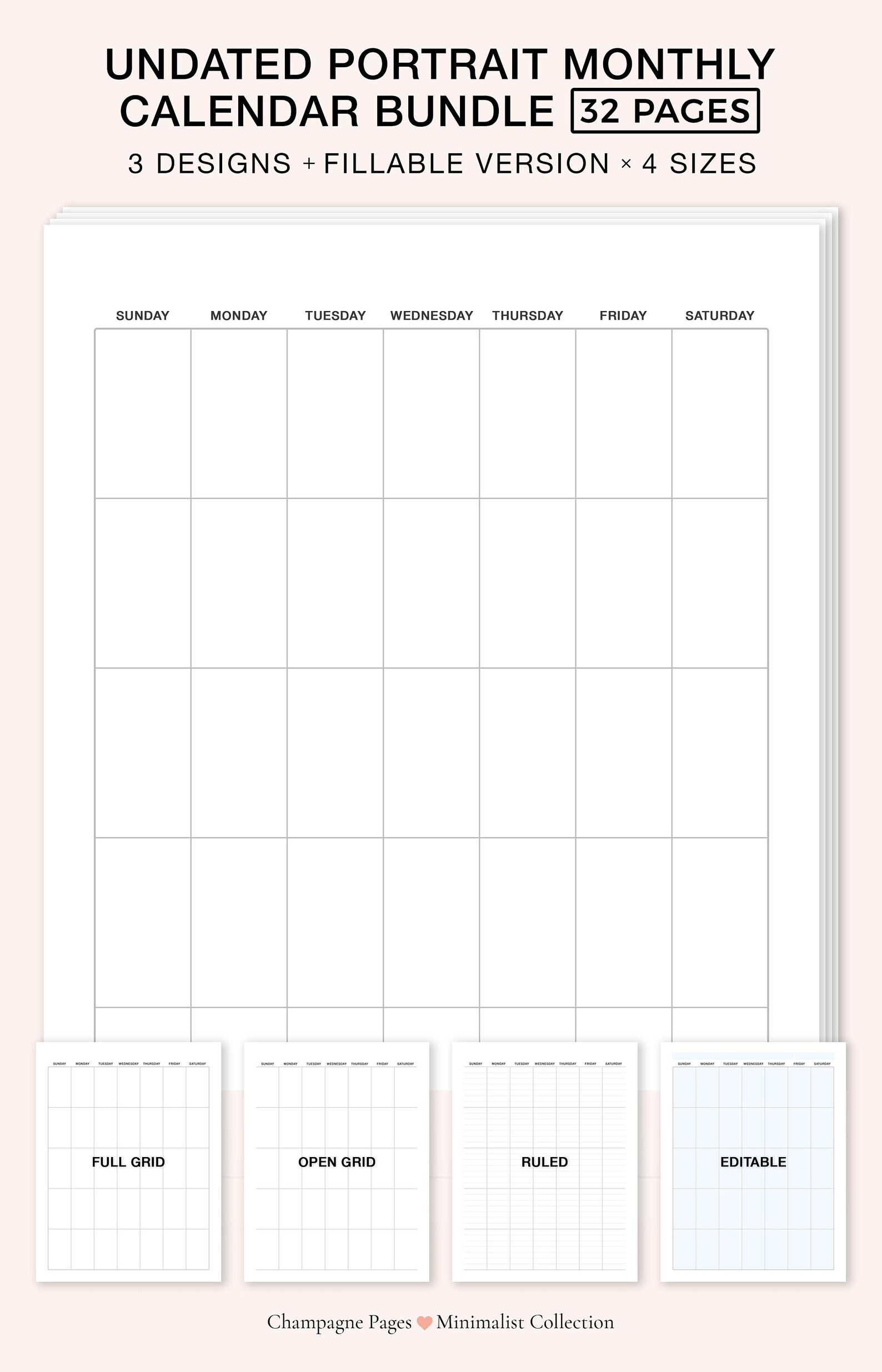 Minimalist Calendar Printable Bundle, Monthly Calendar PDF, Editable ...