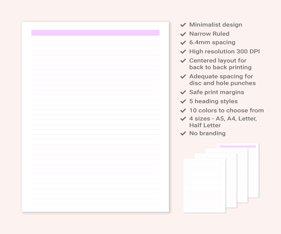 Narrow Ruled Paper Templates – 6.4mm, A5/a4/letter Sizes (printable PDF ...