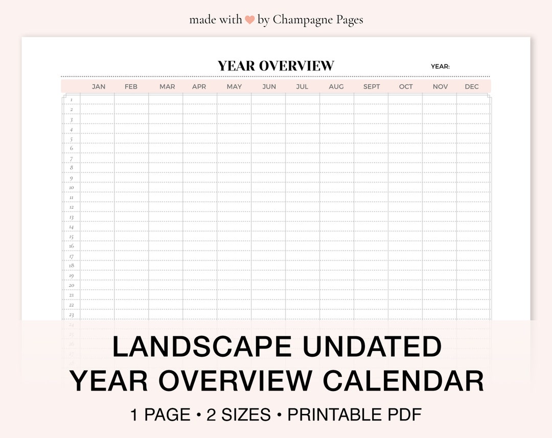 Landscape Undated Year Overview Calendar, Printable Yearly Goals (PDF ...