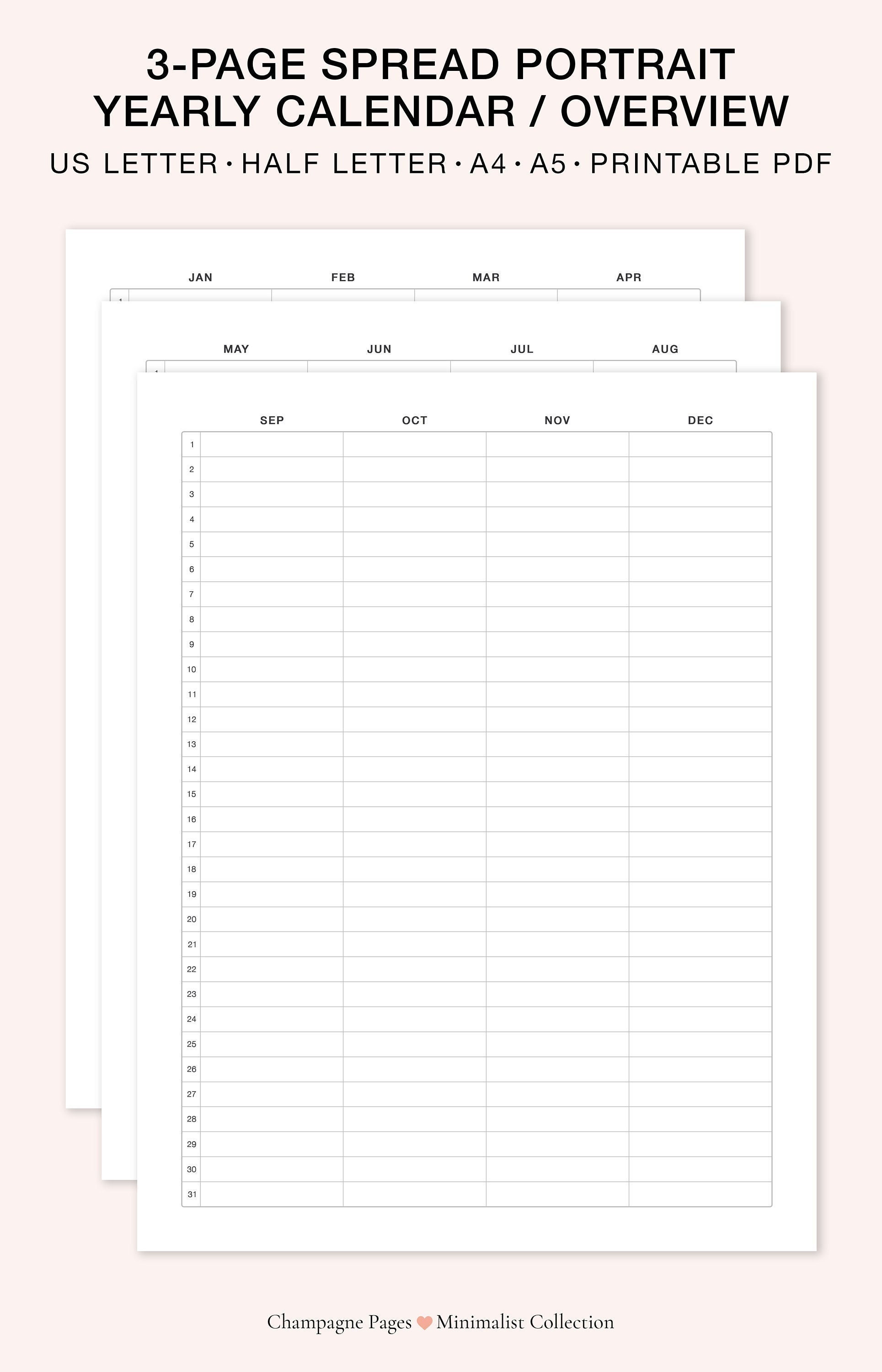 Minimalist Yearly Calendar, Portrait 3-page Planner (PDF Download) - Etsy