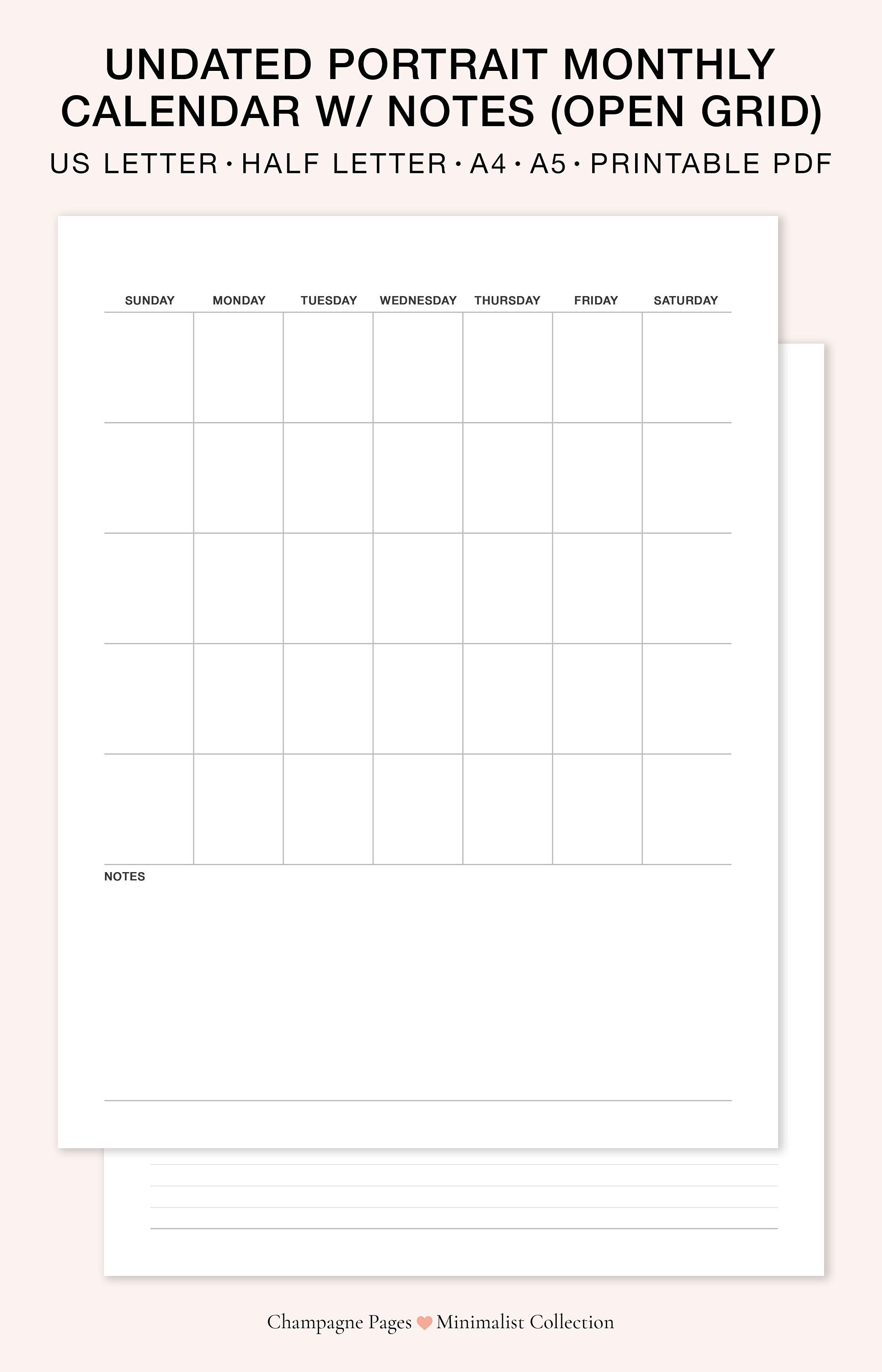 Undated Monthly Calendar, Portrait Layout, Notes Section (printable PDF ...