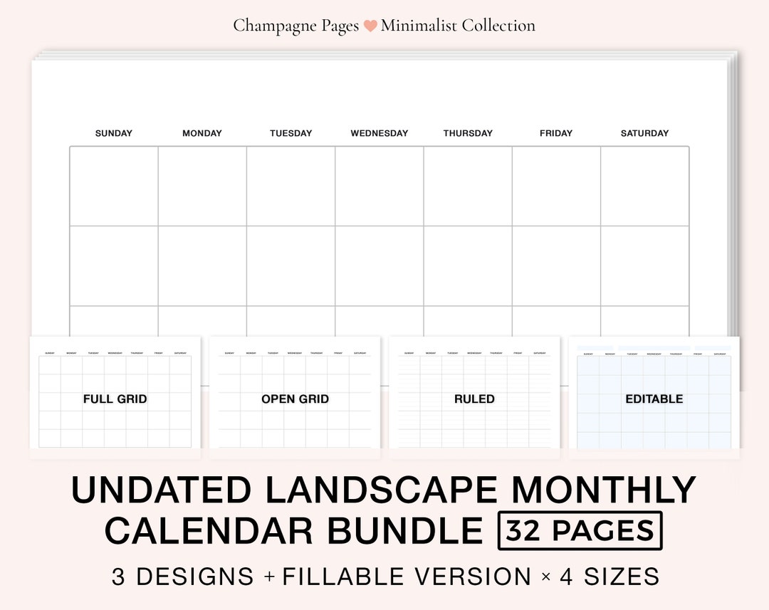 LANDSCAPE Blank Monthly Calendar Bundle, Minimalist Calendar, Desk ...