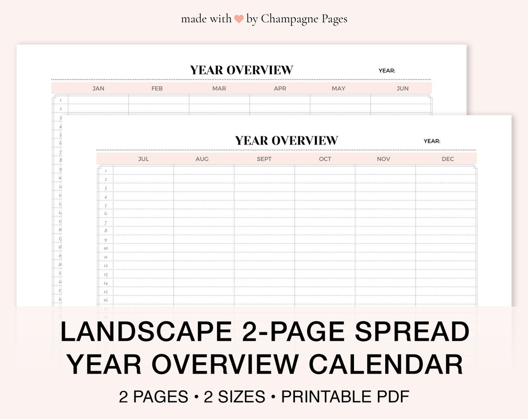 Undated Year Overview Calendar landscape 2-page Spread Year at A Glance ...