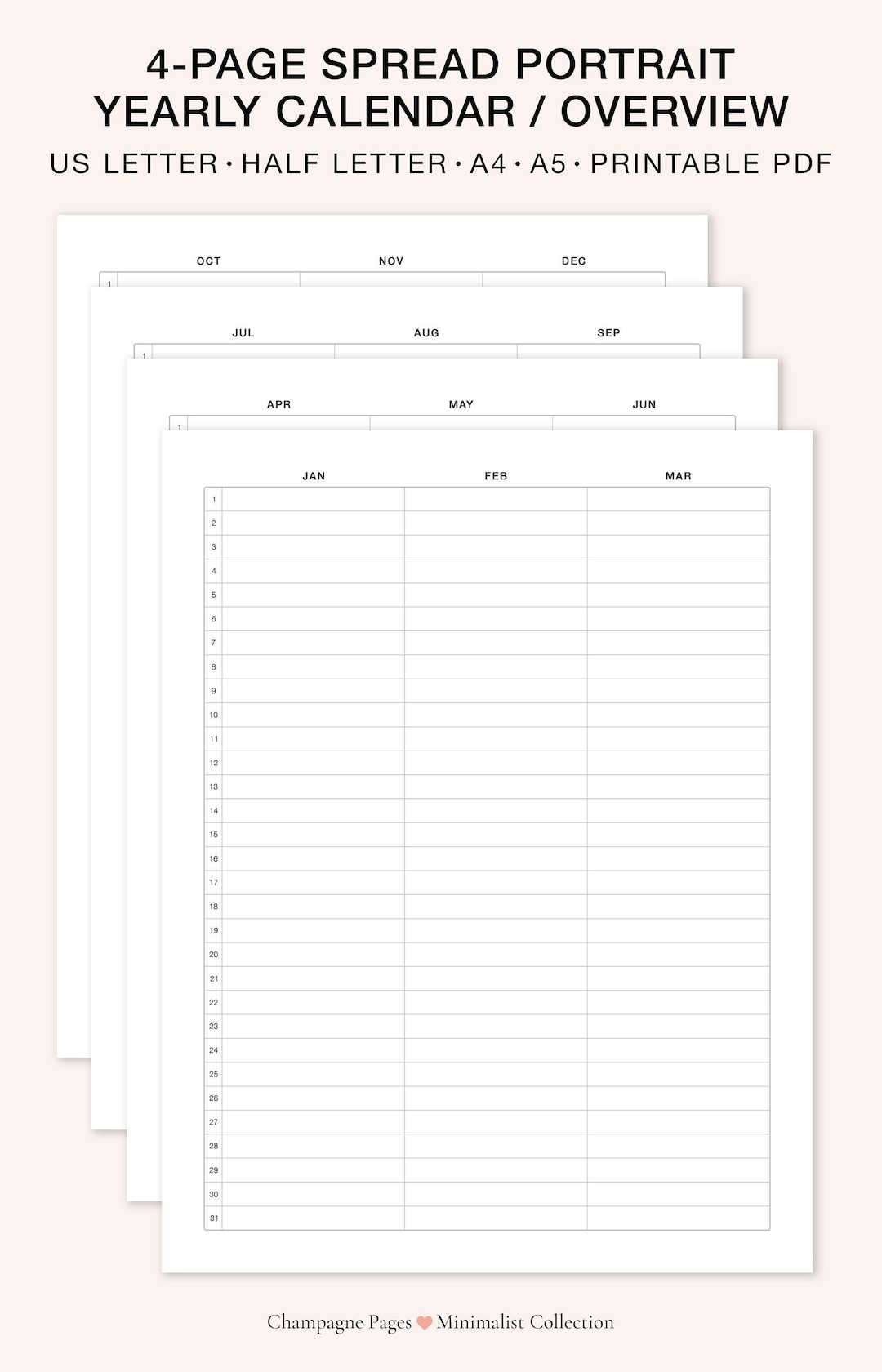 4 Page Spread Portrait Yearly Calendar, Printable Yearly Overview ...