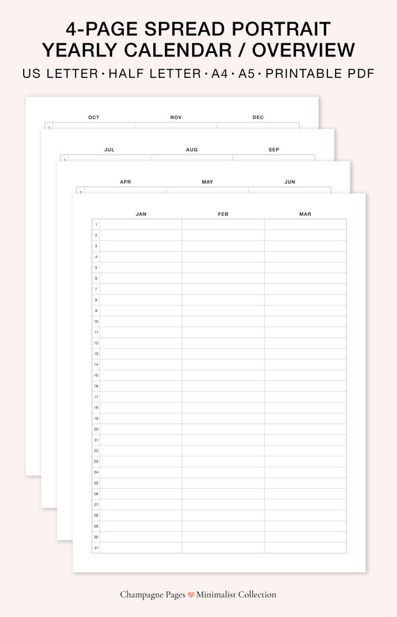 4 Page Spread Portrait Yearly Calendar Printable Yearly - Etsy
