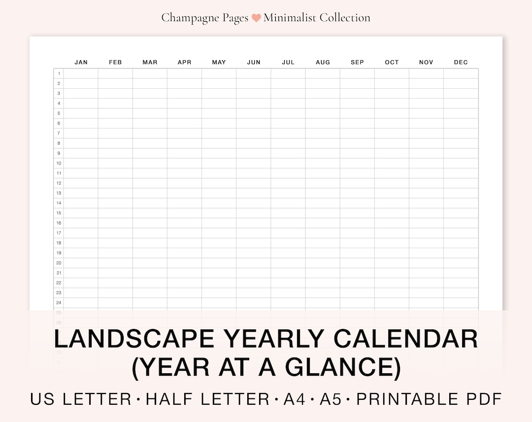 Landscape Yearly Calendar, Printable Yearly Overview, Year at A Glance ...
