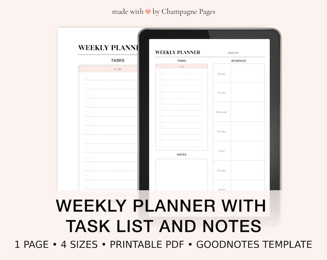 Printable Weekly Planner W/ Task List, Daily Schedule & Notes, Weekly ...