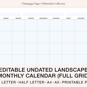 Minimalist Calendar Printable Bundle, Monthly Calendar PDF, Editable ...