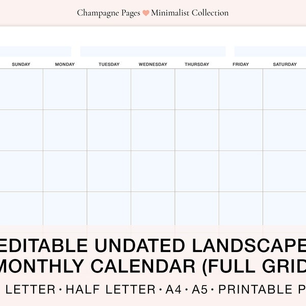Minimalist Calendar Printable Bundle, Monthly Calendar PDF, Editable ...
