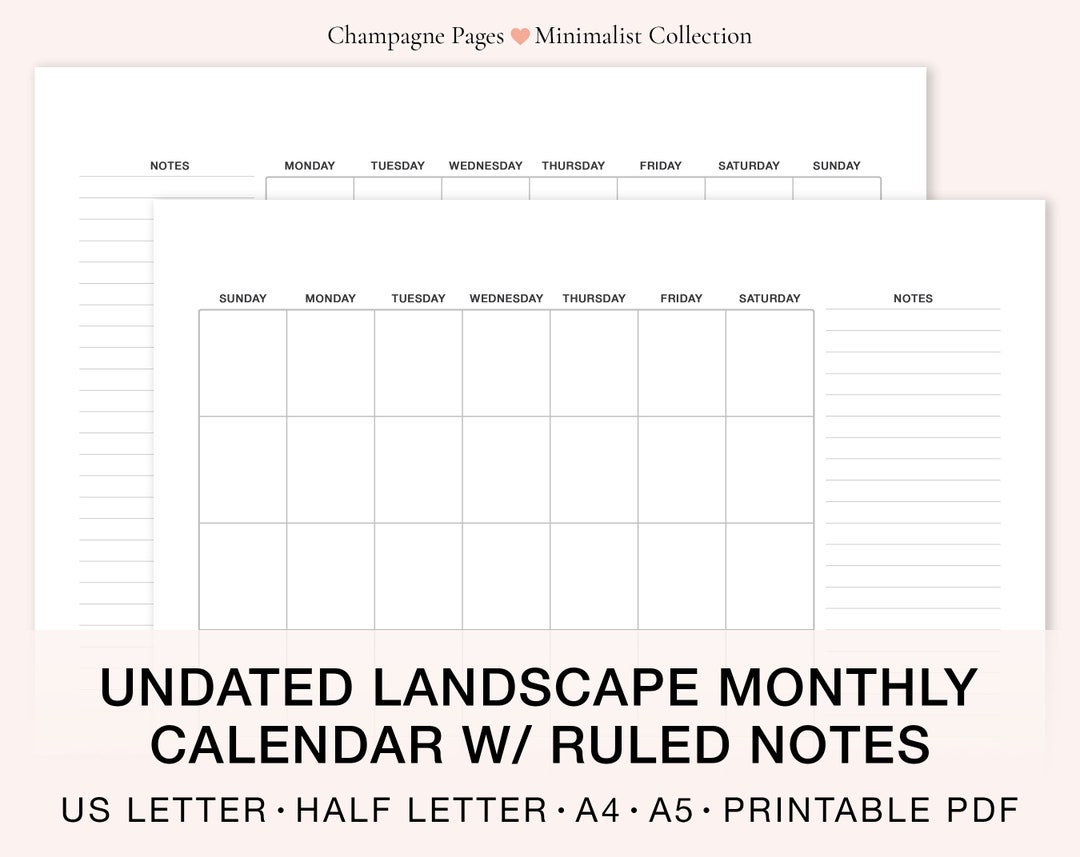 SIMPLE Blank Monthly Calendar (landscape) With Ruled Notes Section ...