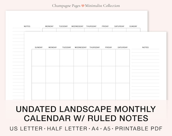 SIMPLE Blank Monthly Calendar landscape With Ruled Notes - Etsy