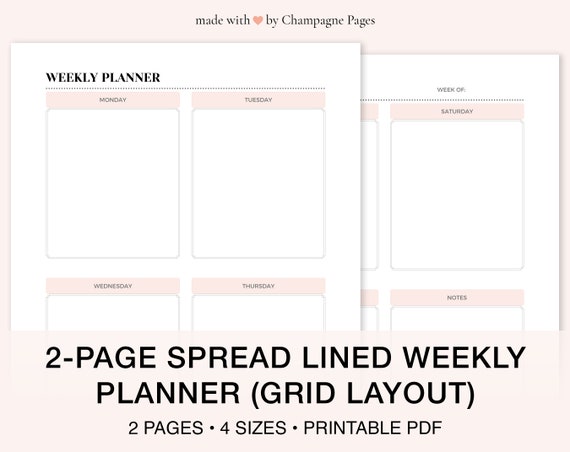 2 Page Spread Lined Weekly Planner grid Layout Weekly-daily - Etsy