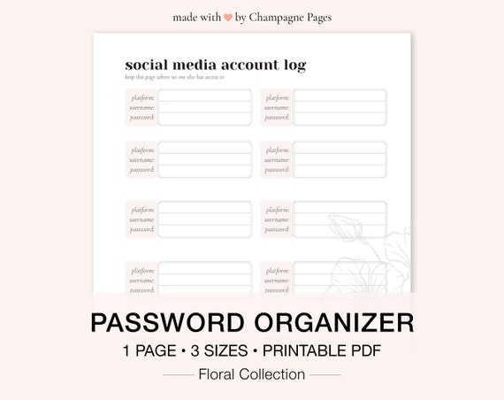 Printable Social Media Account Log Password Organizer | Etsy