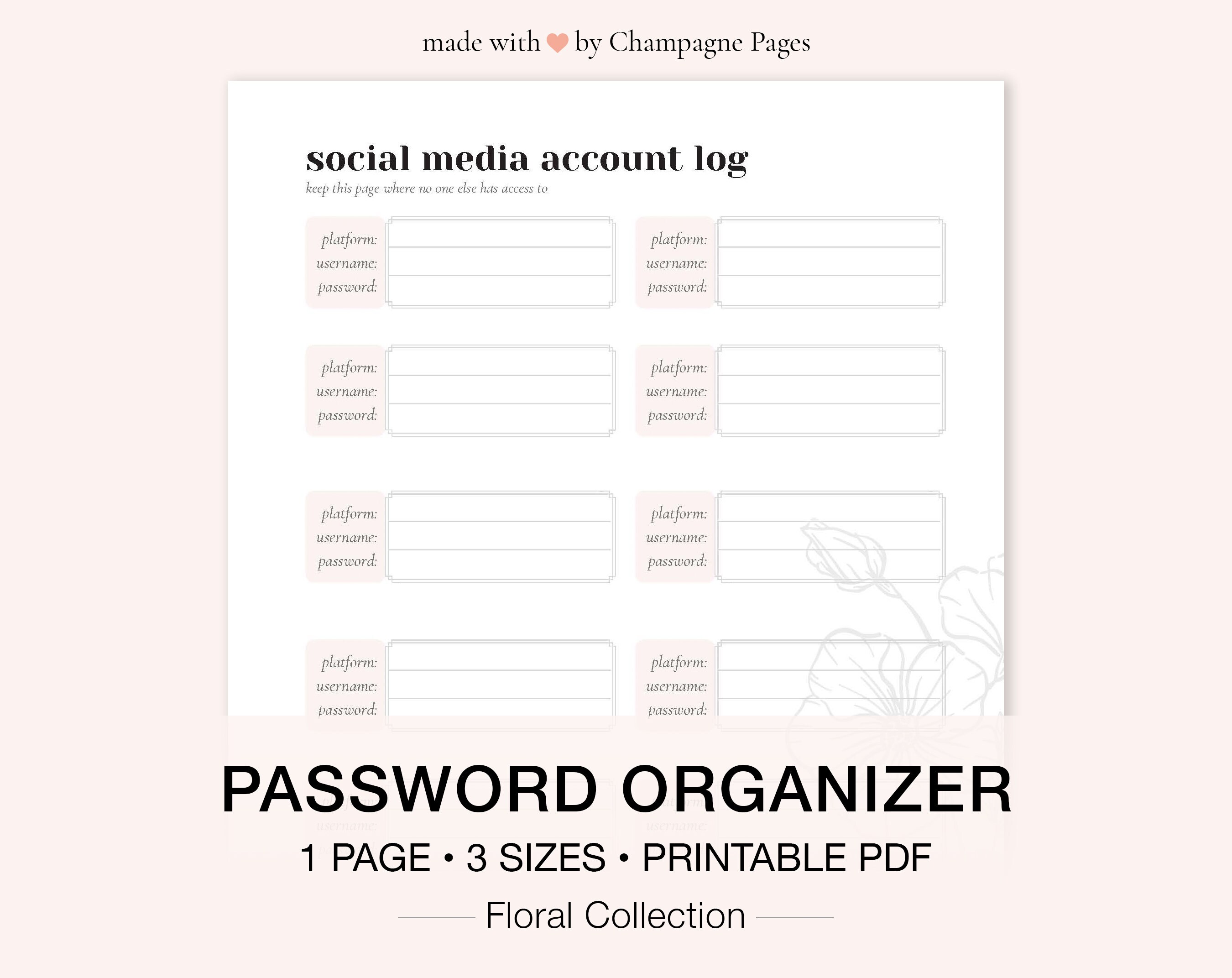Printable Social Media Account Log, Password Organizer Template, Social ...