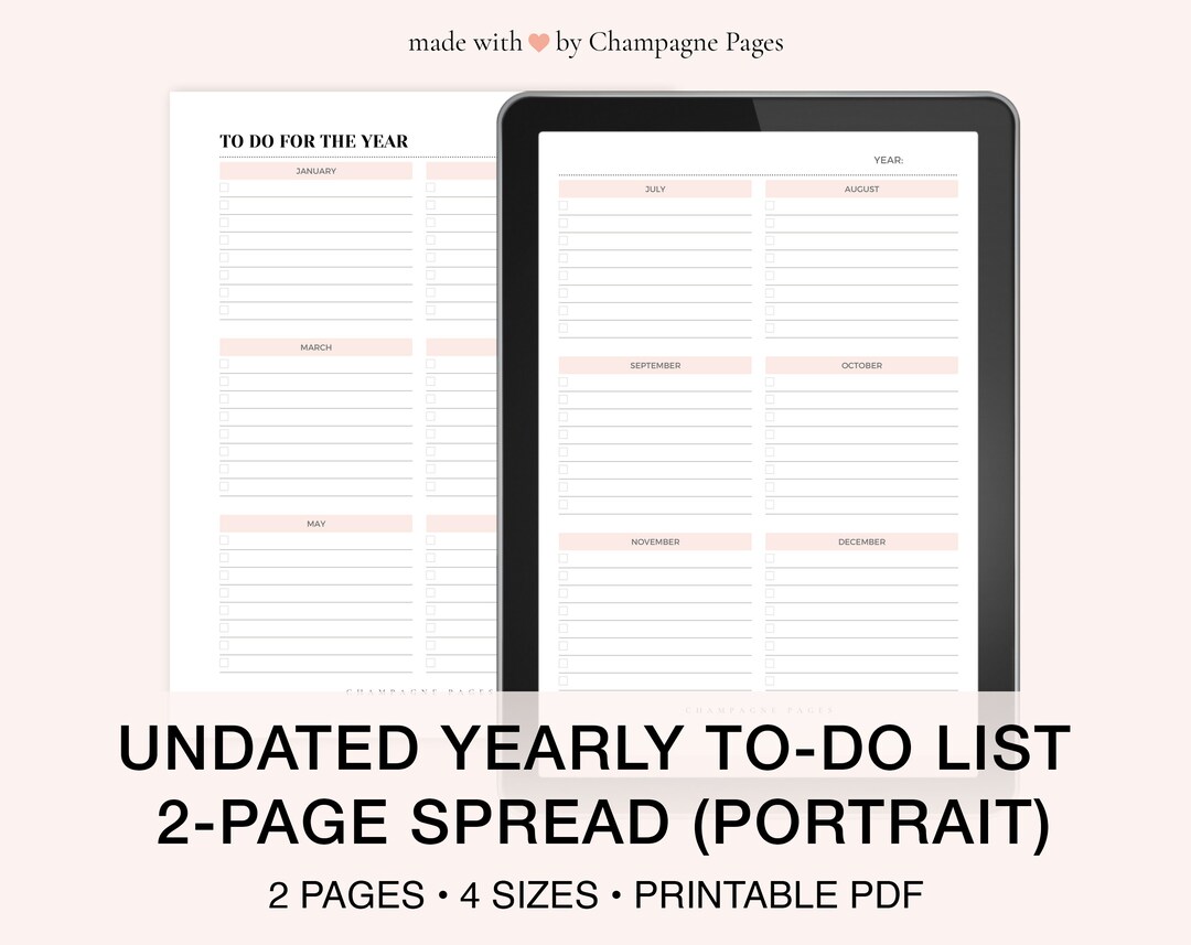 2 Page Printable Yearly to Do List (undated • Portrait Layout ...