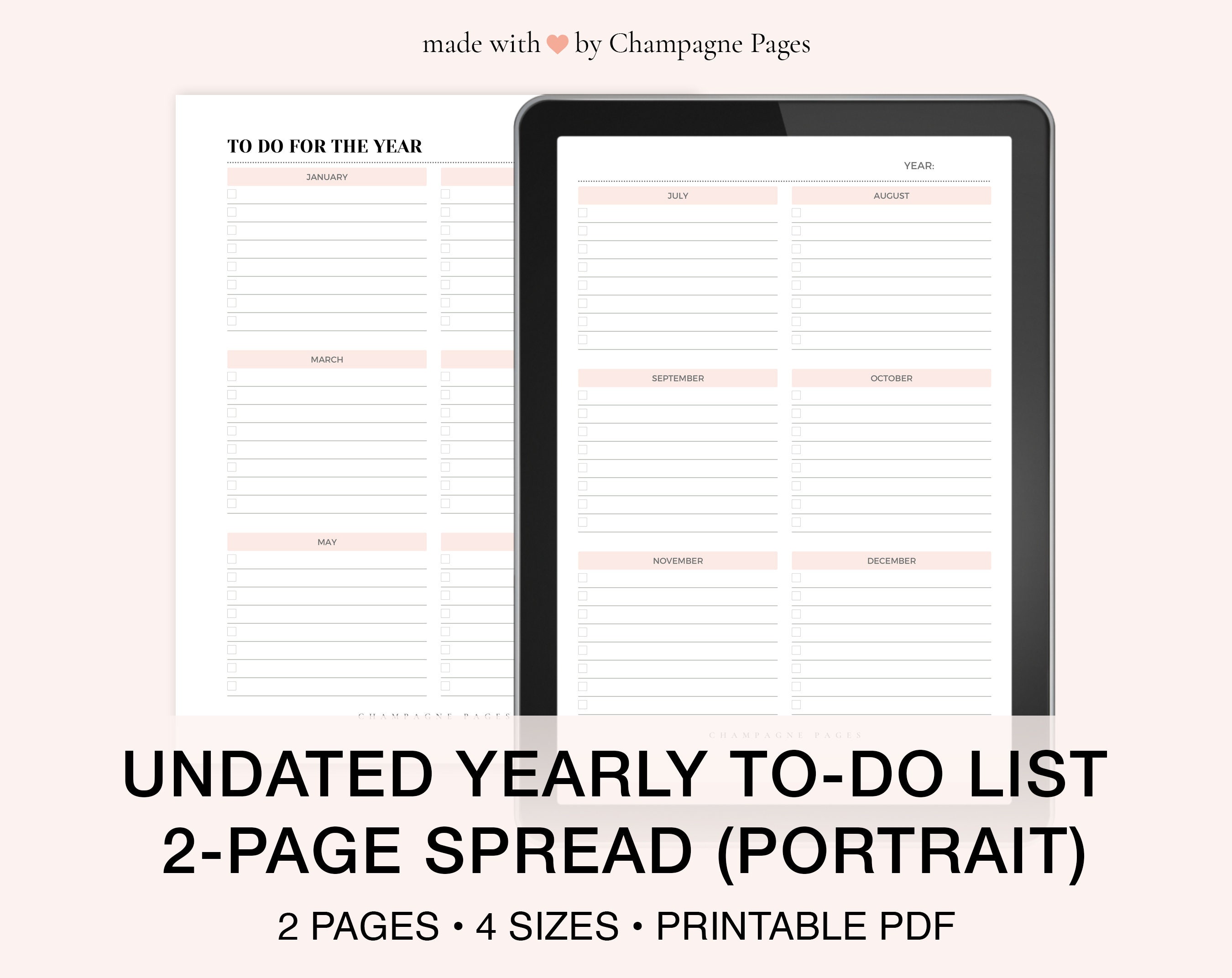 2 Page Printable Yearly to Do List (undated • Portrait Layout ...