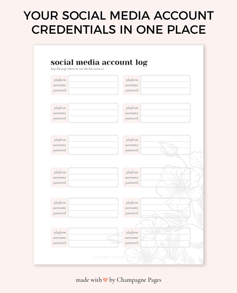 Printable Social Media Account Log, Password Organizer Template, Social ...