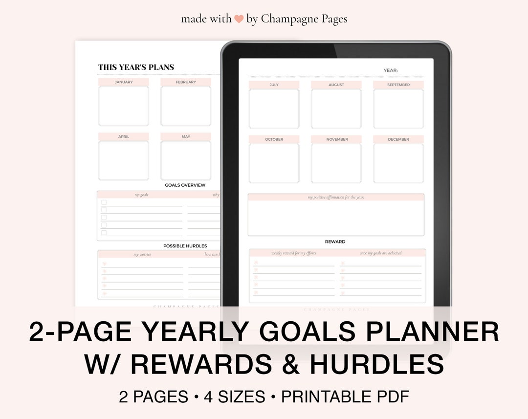 2 Page Yearly Goals Planner With Rewards & Hurdles (grid Layout ...