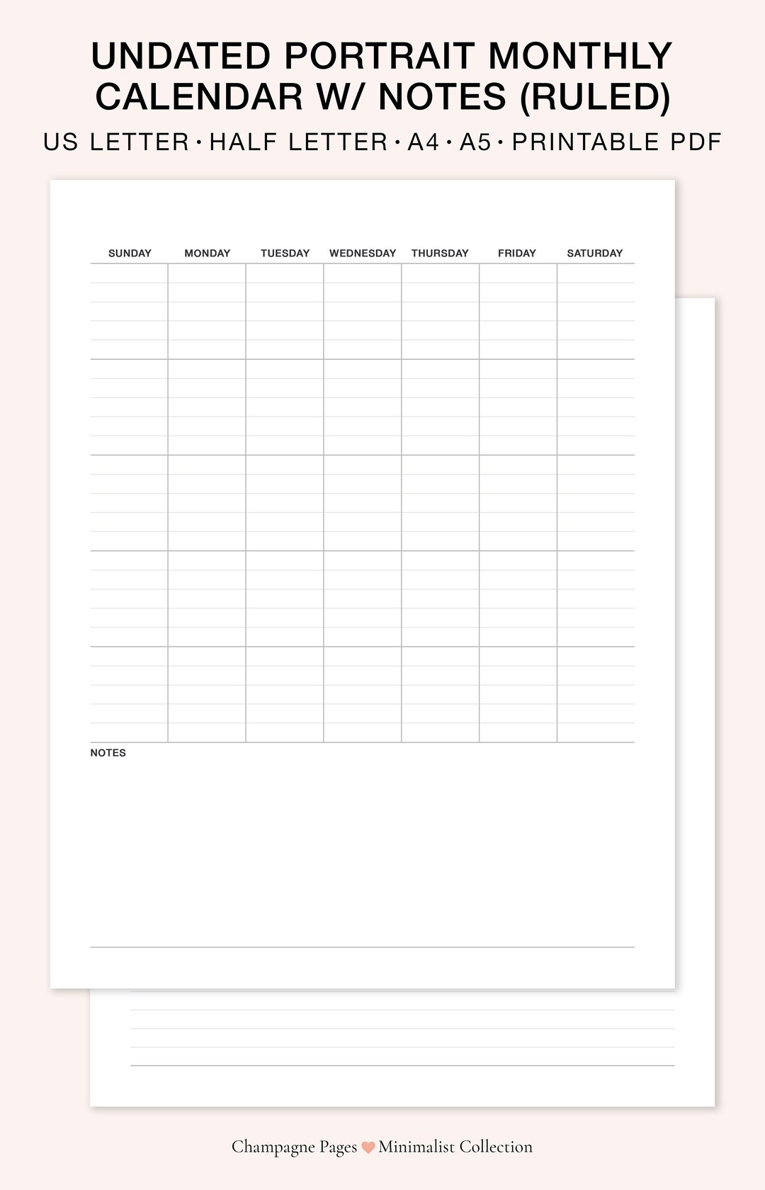 Portrait Undated Monthly Calendar With Notes (printable PDF) - Etsy
