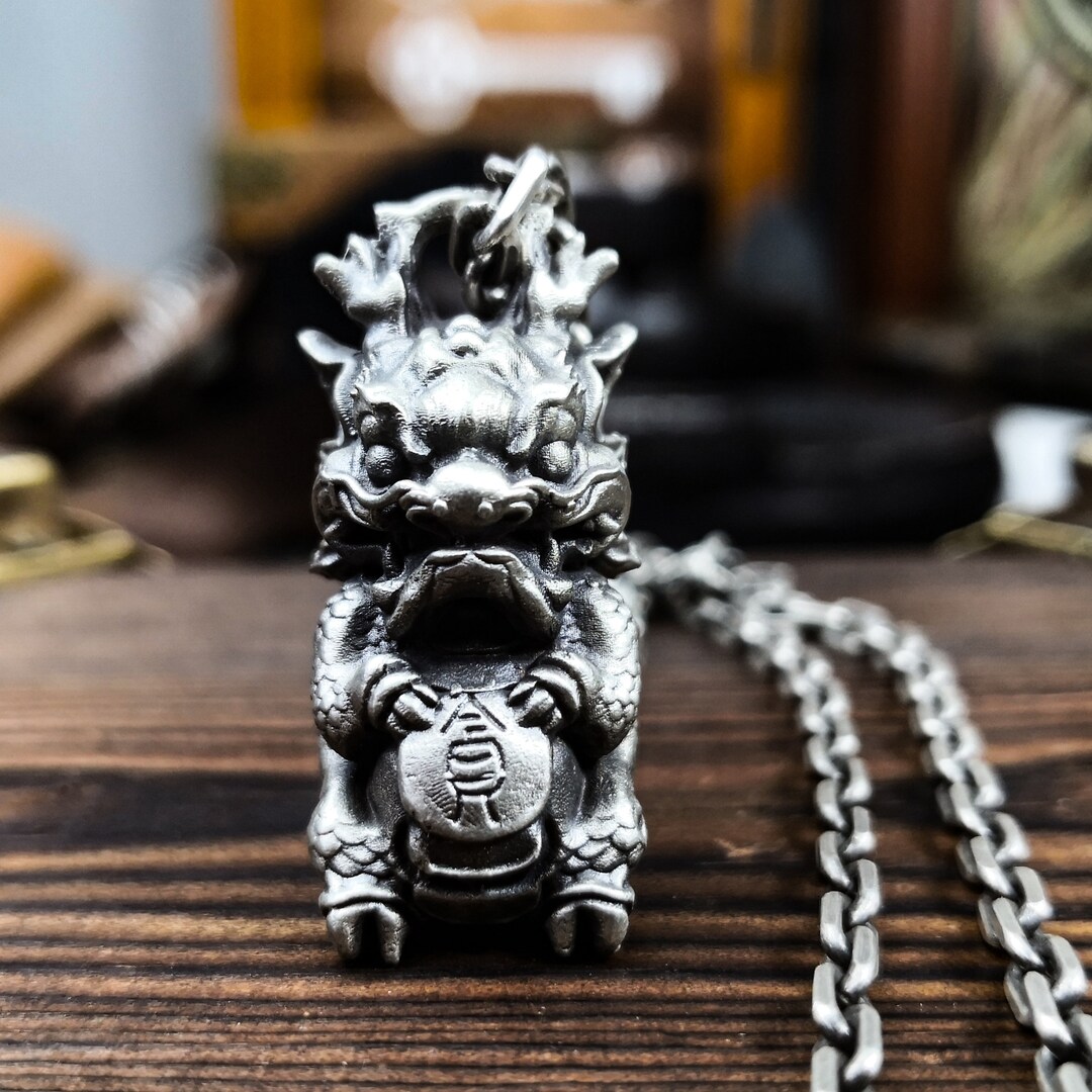 Ancient Chinese Gods and Beasts Silver Pendant Necklace, Four Spirits ...
