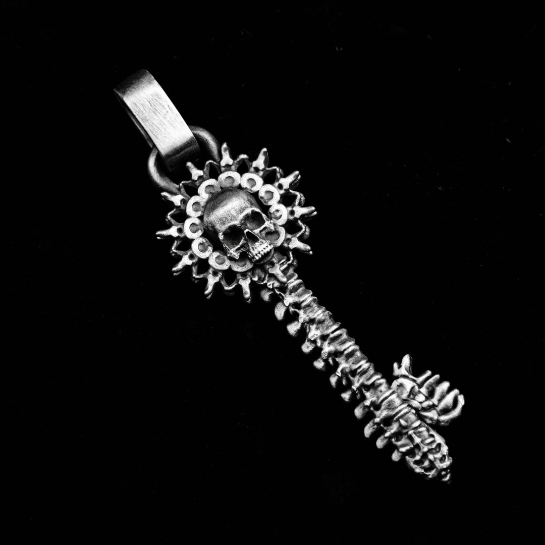 925 Sterling Silver Brass Men's Skull Spine Necklace Pendant European ...