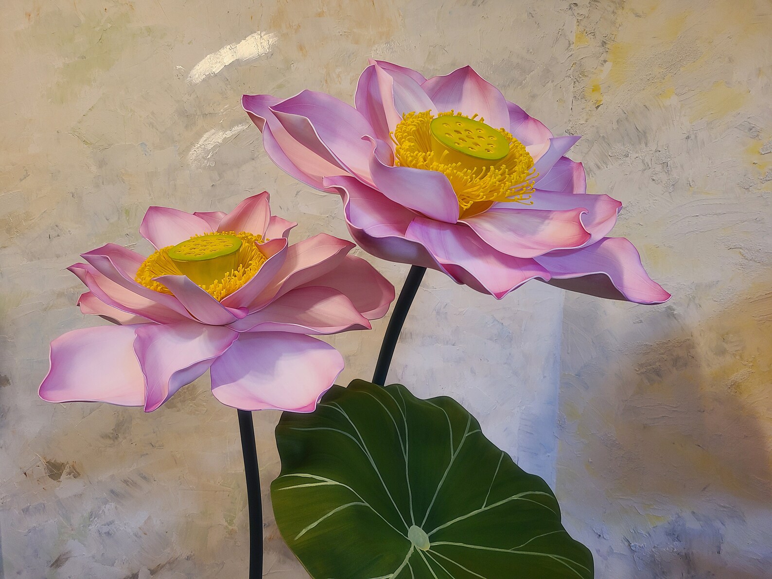 Set of 2 Giant Bubble Lotus Flowers and 1 Lotus Leaf on Metal Stand ...