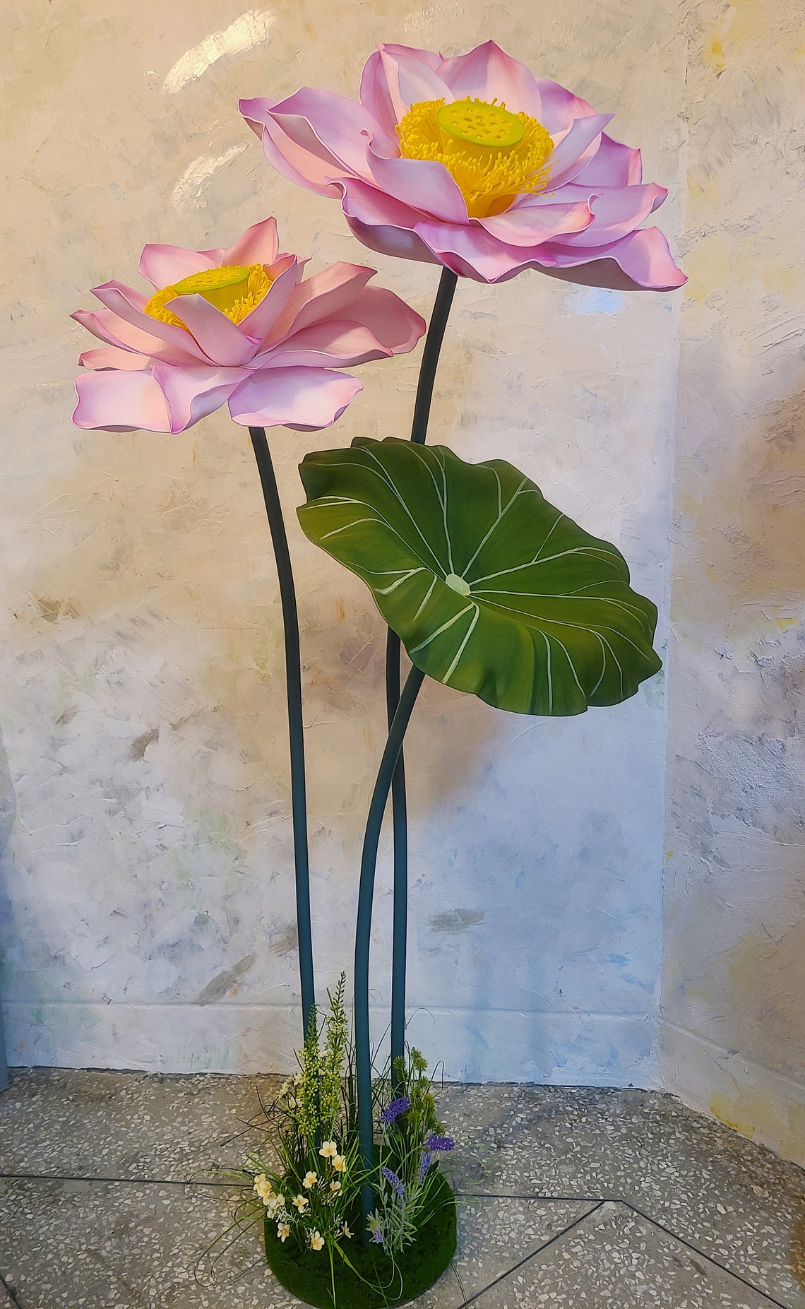 Set of 2 Giant Bubble Lotus Flowers and 1 Lotus Leaf on Metal Stand ...