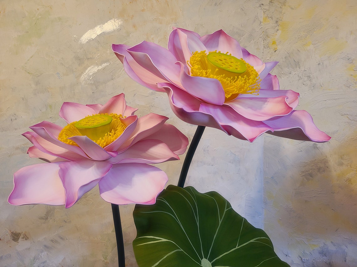 Set of 2 Giant Bubble Lotus Flowers and 1 Lotus Leaf on Metal Stand ...