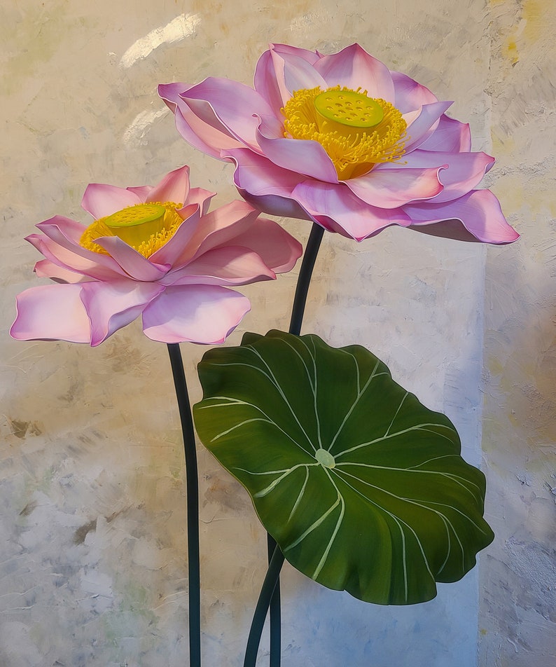 Set of 2 Giant Bubble Lotus Flowers and 1 Lotus Leaf on Metal Stand ...