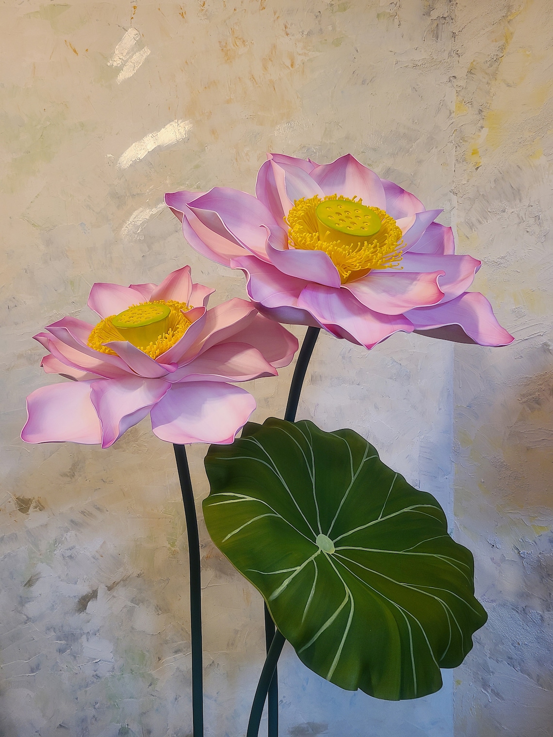 Set of 2 Giant Bubble Lotus Flowers and 1 Lotus Leaf on Metal Stand ...