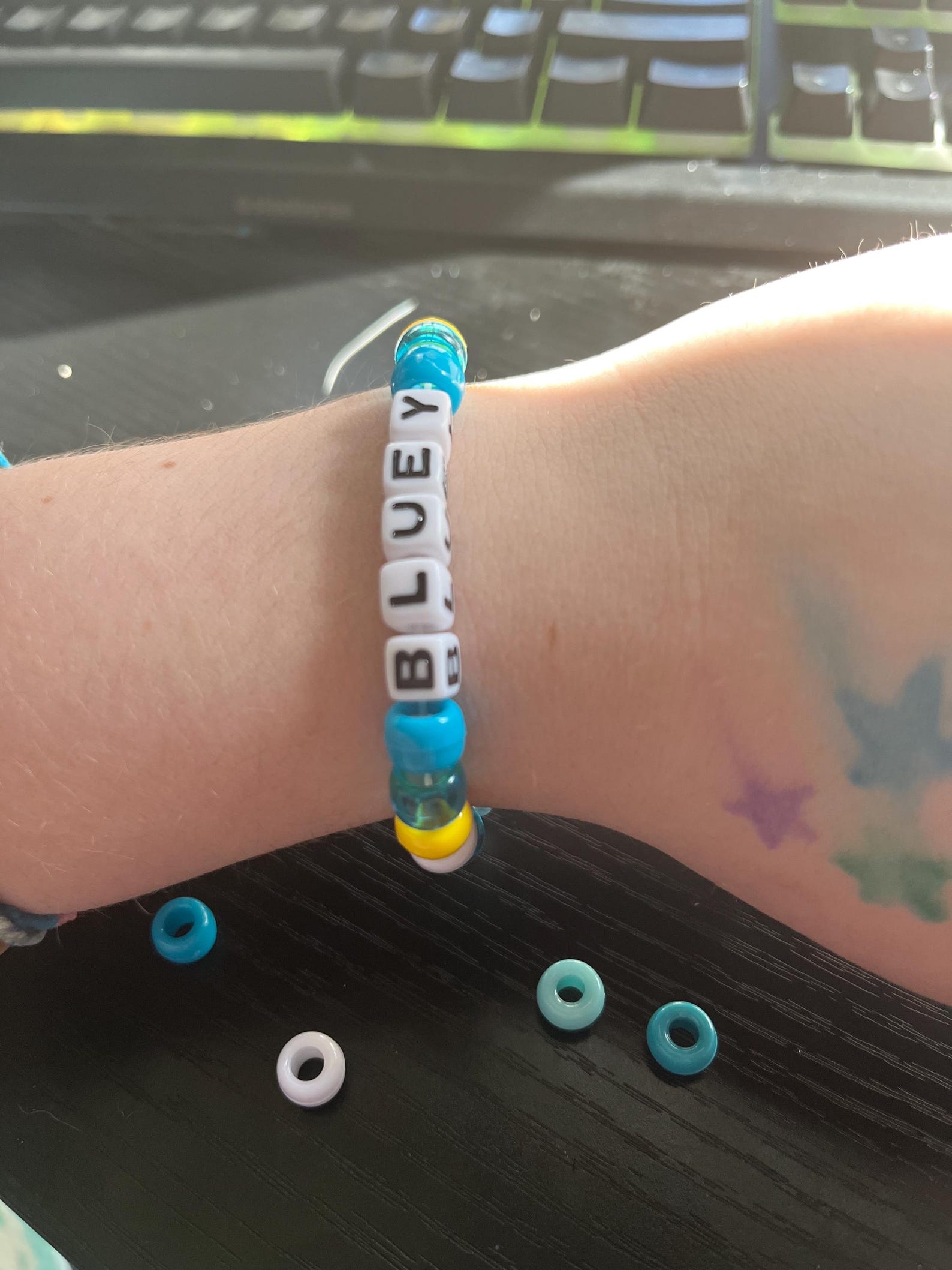 Bluey Inspired Kandi Bracelet – Blue White Yellow Flower Beads | Cute ...