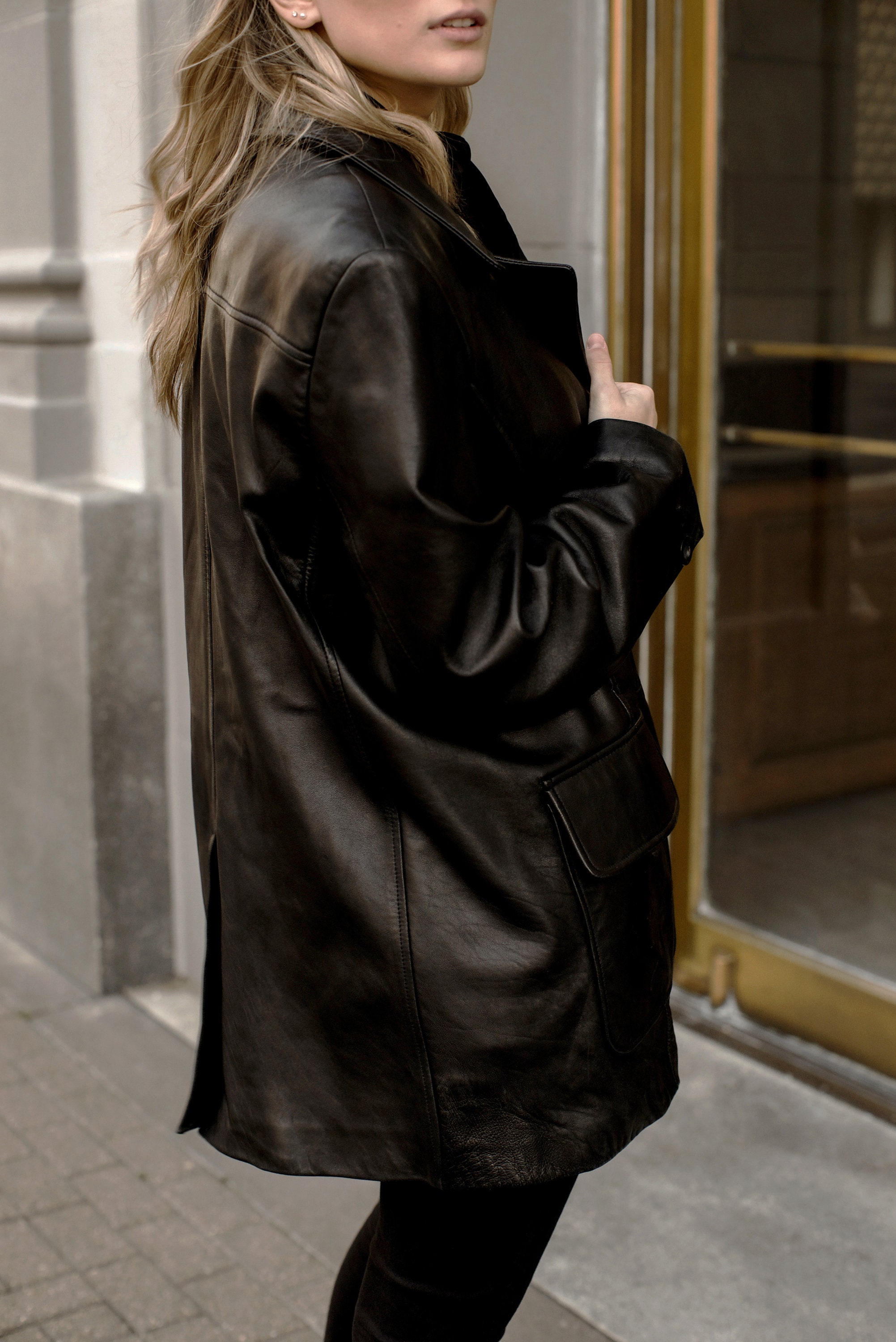 Vintage Genuine Black Leather Coat / Oversized Coat / Chic Streetwear ...