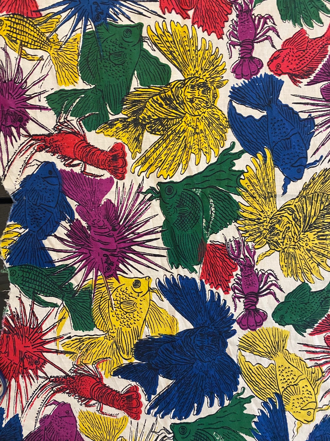 Vintage Aquatic Cotton Fabric Large Print 20" X 34" Brights Lobster ...