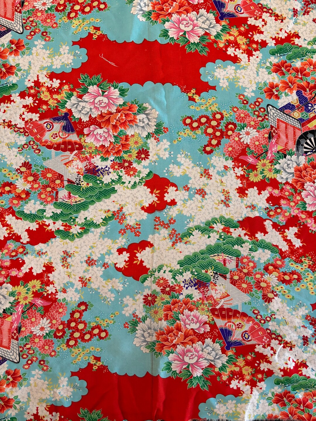 2 Pieces of Vintage Japanese Kimono Rayon Fabric 25 X 24 Reds and ...