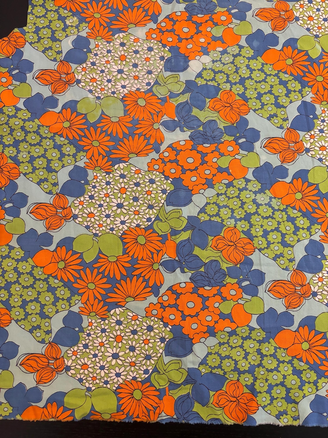 Vintage Flower Power Fabric Remnant. 60s/70s Orange Green Blue - Etsy