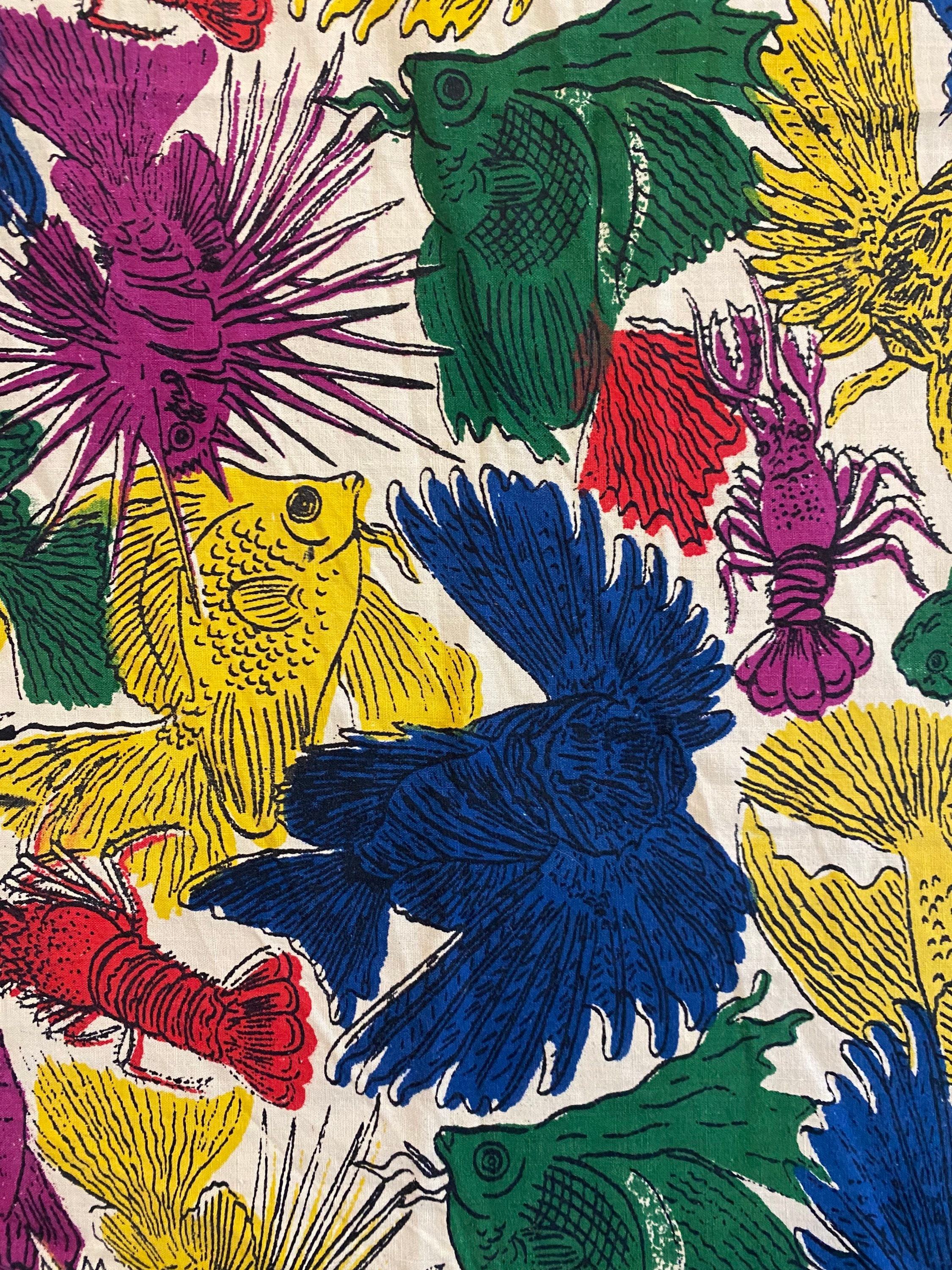 Vintage Aquatic Cotton Fabric Large Print 20" X 34" Brights Lobster ...